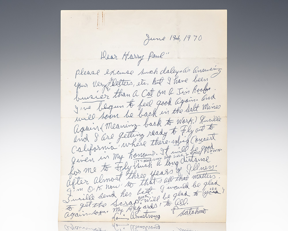 Louis Armstrong Autograph Letter Signed. - Raptis Rare Books | Fine ...